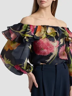 Carolina Herrera Floral Silk Organza Puff-sleeve Blouse