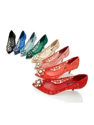 Dolce & Gabbana Embellished Lace Point Toe Pumps - Navy