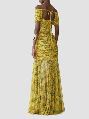 Carolina Herrera Olive Branch Off-the-shoulder Gathered Silk Gown