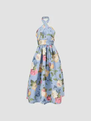 Carolina Herrera Cabana Floral Crossed Halterneck Midi-dress - Cloudy Blue Multi