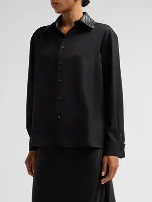 Bottega Veneta Intrecciato Leather Collar Wool Shirt