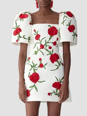 Carolina Herrera Carnation-embroidered Silk Puff-sleeve Minidress