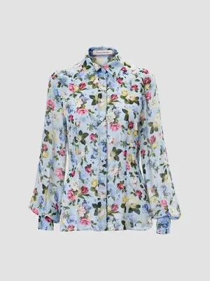 Carolina Herrera Cabana Isabella Floral Silk Shirt - Cloudy Blue Multi