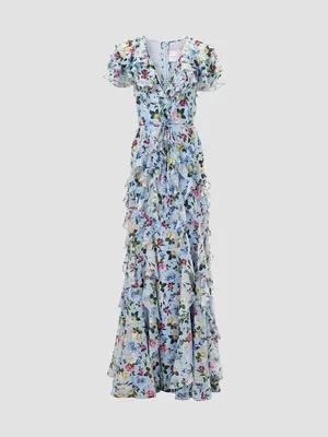 Carolina Herrera Cabana Ruffled V-neck Short-sleeve Maxi Dress