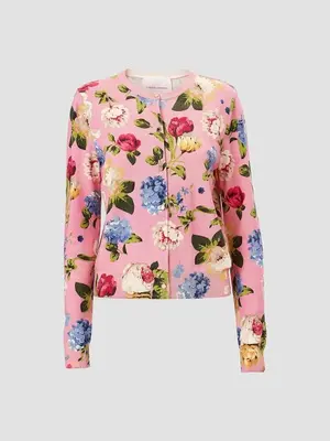 Carolina Herrera Cabana Floral Crewneck Long-sleeve Cardigan - Rosewater Multi