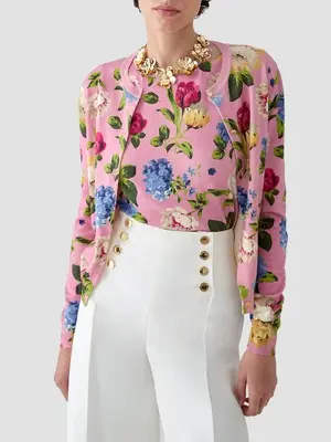 Carolina Herrera Cabana Floral Crewneck Long-sleeve Cardigan
