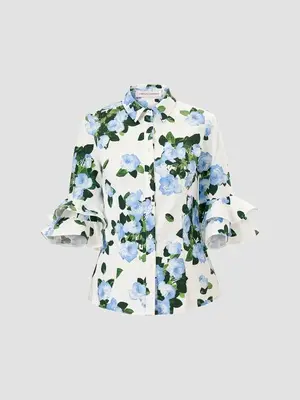 Carolina Herrera Cabana Floral Ruffle-sleeve Stretch-cotton Top - White Multi