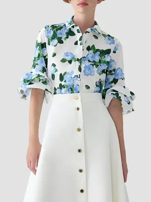 Carolina Herrera Cabana Floral Ruffle-sleeve Stretch-cotton Top - White Multi