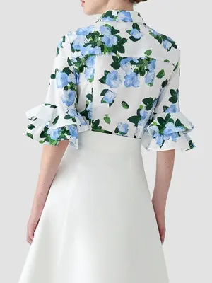 Carolina Herrera Cabana Floral Ruffle-sleeve Stretch-cotton Top - White Multi