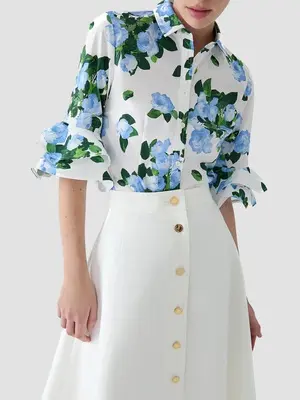 Carolina Herrera Cabana Floral Ruffle-sleeve Stretch-cotton Top - White Multi
