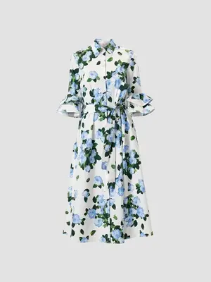 Carolina Herrera Cabana Floral Belted Ruffle-sleeve Shirtdress - White Multi