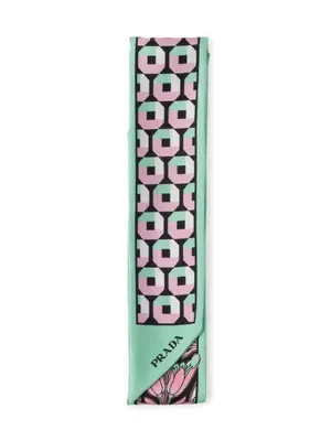 Prada Skinny Printed Silk Twill Rectangular Scarf - Green