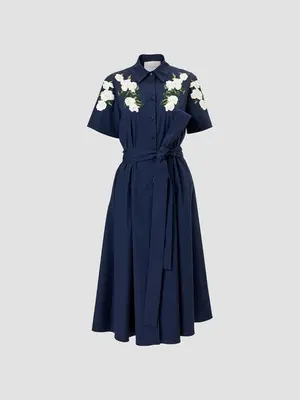 Carolina Herrera Cabana Embroidered Short-sleeve Midi Shirtdress