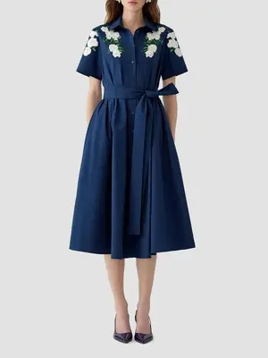 Carolina Herrera Cabana Embroidered Short-sleeve Midi Shirtdress