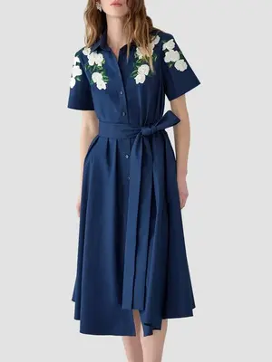 Carolina Herrera Cabana Embroidered Short-sleeve Midi Shirtdress