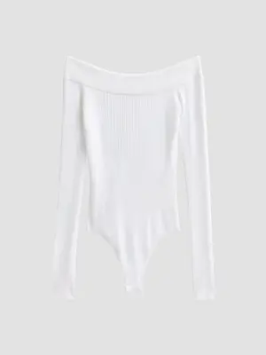 Alaïa Off-the-shoulder Long-sleeve Rib-knit Bodysuit - Blanc