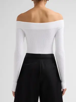 Alaïa Off-the-shoulder Long-sleeve Rib-knit Bodysuit - Blanc