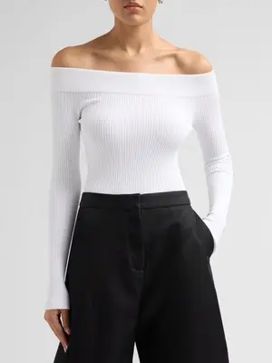 Alaïa Off-the-shoulder Long-sleeve Rib-knit Bodysuit - Blanc