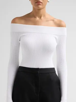 Alaïa Off-the-shoulder Long-sleeve Rib-knit Bodysuit - Blanc