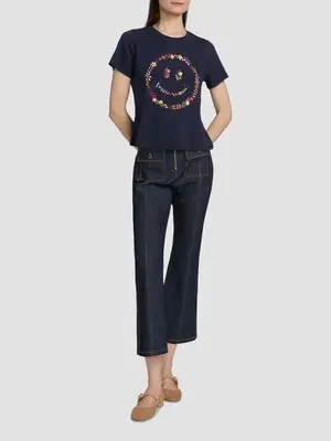 Cinq À Sept Wildflower-embroidered Cotton Shrunken T-shirt