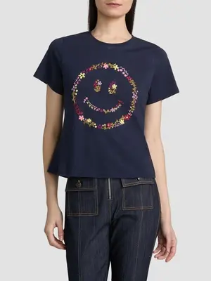 Cinq À Sept Wildflower-embroidered Cotton Shrunken T-shirt