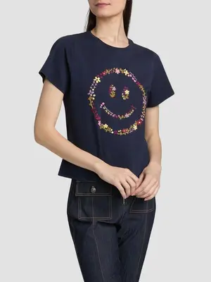 Cinq À Sept Wildflower-embroidered Cotton Shrunken T-shirt