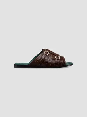 Stefano Ricci Antique Crocodile Leather Monk Strap Sandals Brown