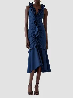 Carolina Herrera Cabana Ruched V-neck Sleeveless Midi-dress