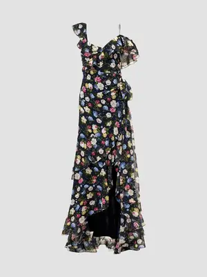 Carolina Herrera Cabana Floral One-shoulder Cap-sleeve Ruffled Gown