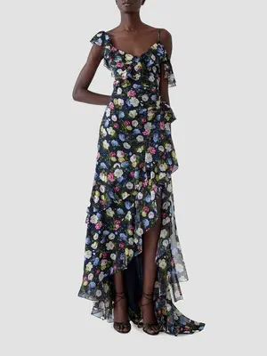 Carolina Herrera Cabana Floral One-shoulder Cap-sleeve Ruffled Gown
