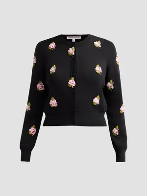 Carolina Herrera Floral-embroidered Silk-cotton Cardigan - Black Multi