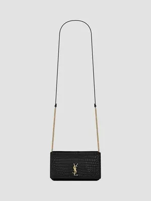 Saint Laurent Cassandre Phone Holder In Shiny Crocodile-embossed Leather