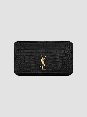 Saint Laurent Cassandre Phone Holder In Shiny Crocodile-embossed Leather