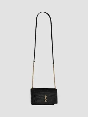 Saint Laurent Cassandre Phone Holder In Shiny Crocodile-embossed Leather