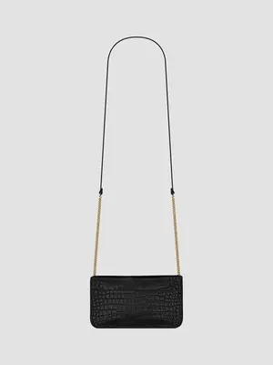 Saint Laurent Cassandre Phone Holder In Shiny Crocodile-embossed Leather