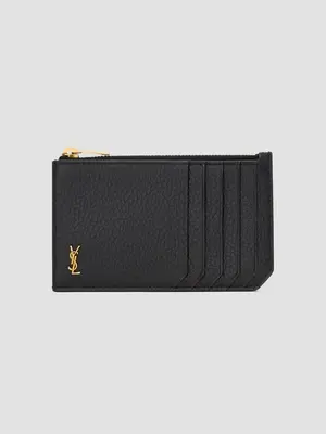 Saint Laurent Tiny Cassandre Fragts Zip Card Case In Grained Leather - Black