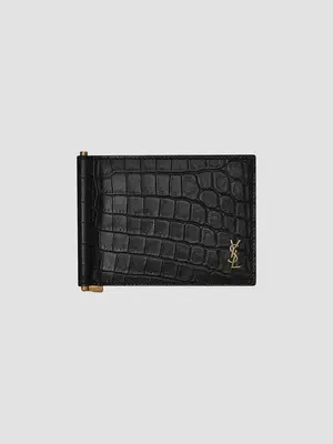 Saint Laurent Tiny Cassandre Bill Clip Wallet In Crocodile-embossed Matte Leather - Black