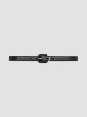 Saint Laurent Cassandre Covered U Buckle Thin Belt In Crocodile-embossed Leather - Black