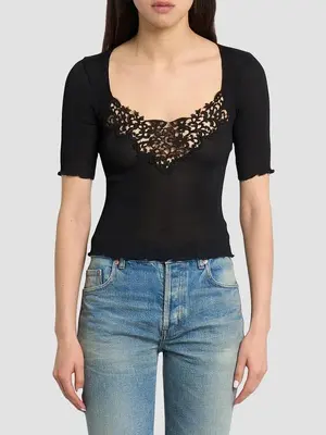 Saint Laurent Guipure Top In Ribbed Silk - Noir
