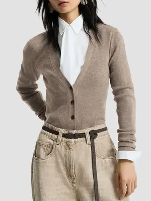 Brunello Cucinelli Sparkling Cashmere Lightweight Ribbed Cardigan