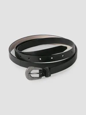Brunello Cucinelli Vintage-effect Leather Belt With Shimmering Buckle And Shiny Loop - Black