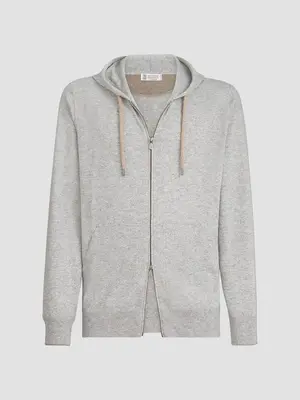 Brunello Cucinelli Cashmere Sweatshirt-style Cardigan With Hood - Pebble