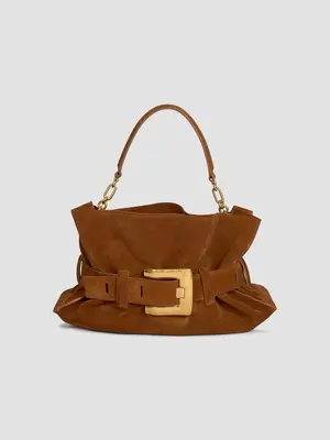 Balmain Anthem Medium Suede Shoulder Bag - Caramel