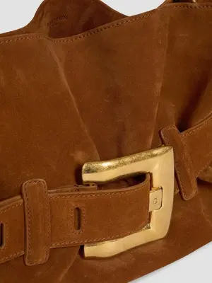 Balmain Anthem Medium Suede Shoulder Bag - Caramel