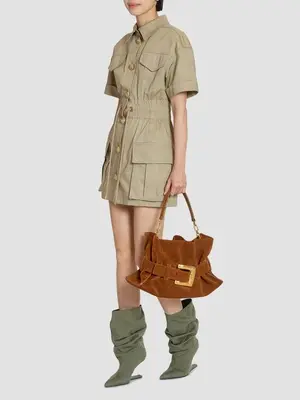 Balmain Anthem Medium Suede Shoulder Bag - Caramel