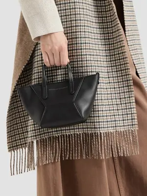 Brunello Cucinelli Duo Mini Top Handle Bag In Calfskin With Monili - Black