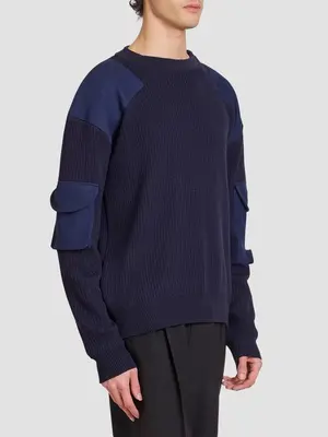 Balmain Twill Patchwork-detailed Wool Sweater - Bleu