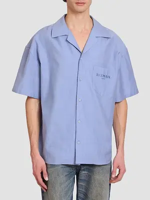 Balmain Herringbone Cotton Poplin Camp Shirt