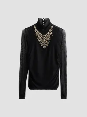 Cinq À Sept Necklace-detail Shirred Mesh Top - Black