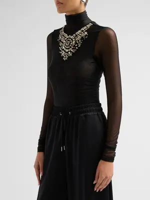 Cinq À Sept Necklace-detail Shirred Mesh Top
